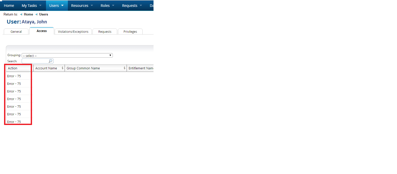 RSA Identity Governance & Lifecycle shows "Error - 75" on the User ...