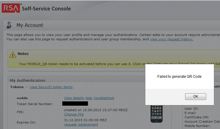 Failed to generate QR Code error when trying to activate software token ...