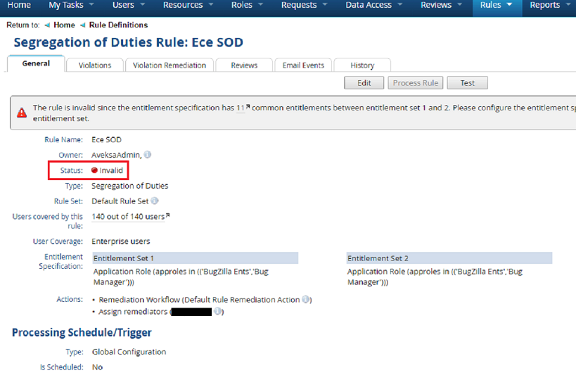 If the RSA Identity Governance and Lifecycle Rule Status is invalid, a Segregation of Duties ...