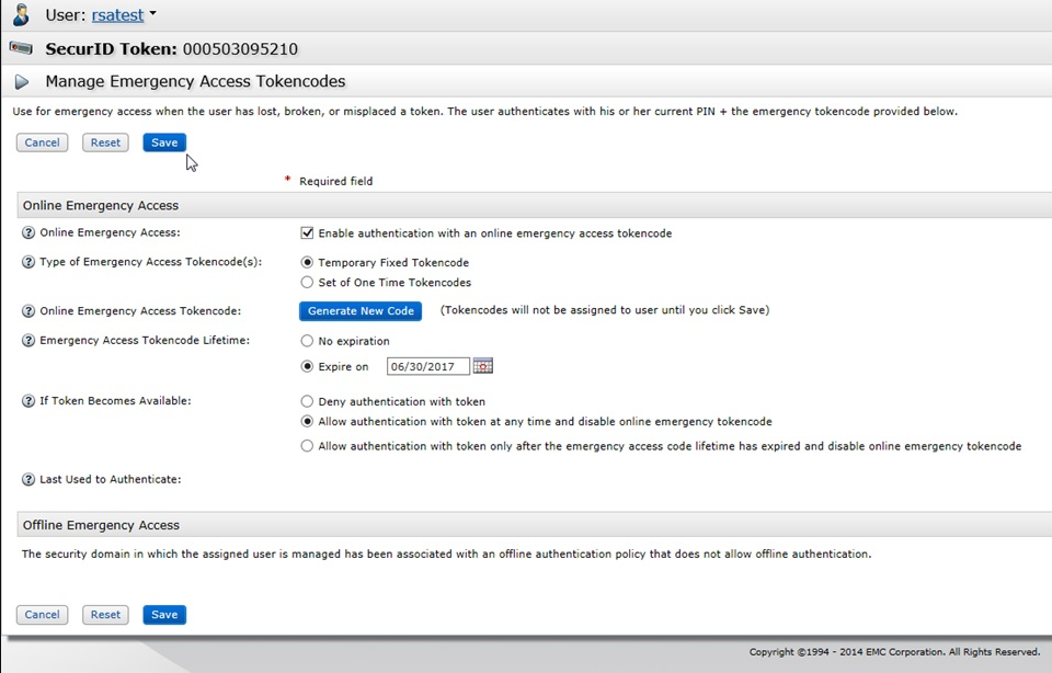 How to setup Emergency Access Tokencodes using RSA Authentication Manager Bulk Administration ...