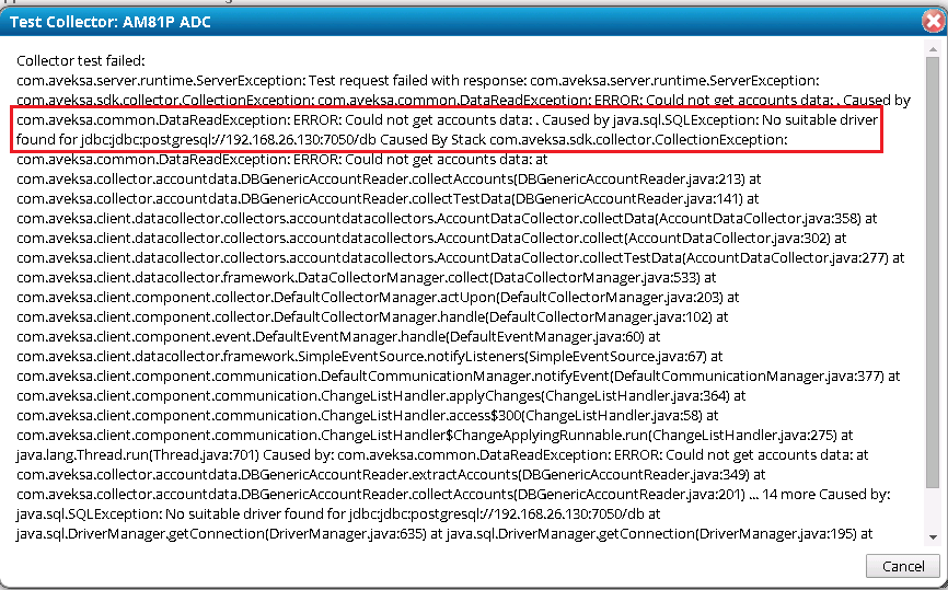 No suitable driver found when testing a PostgreSQL database collector ...