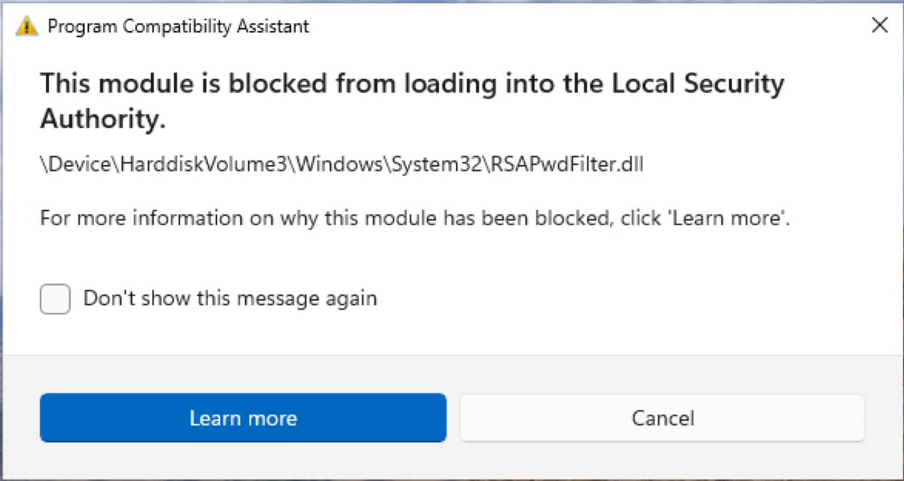 RSA MFA Agent for Windows will not run due to error "This module is blocked from loading into ...